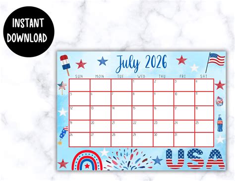 Editable Printable July Calendar 2026 Cute And Festive 4th Of July