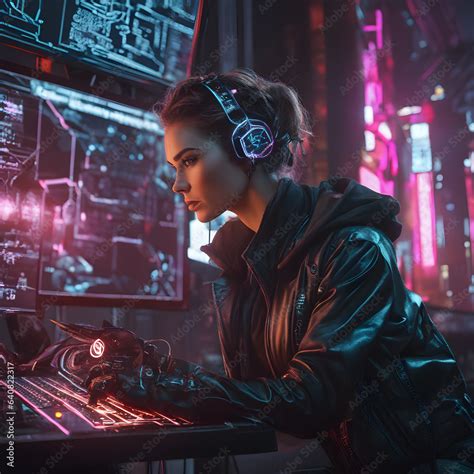 Captivating Image Of A Female Cyborg Hacker In A Dark City Corner Hacking A Computer System