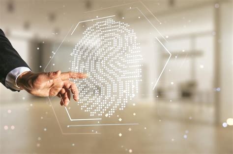 premium photo man hand clicks on abstract virtual fingerprint