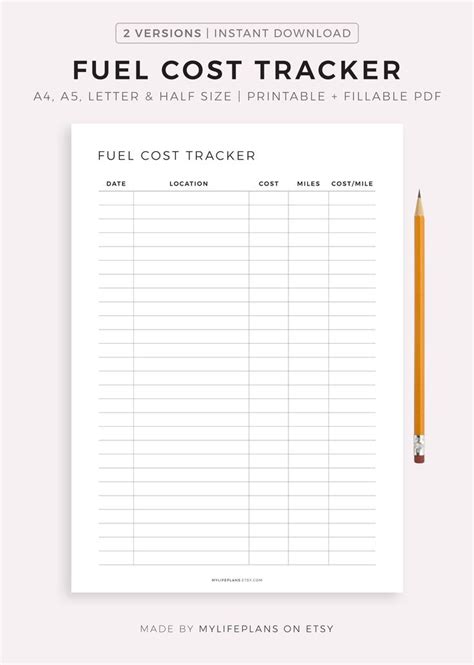 Fuel Cost Tracker Printable Fillable Vehicle Fuel Cost Per Mile Fuel Expense Tracker A A
