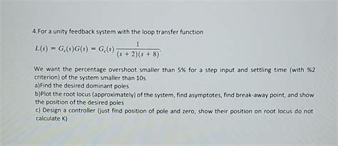 Solved 4 For A Unity Feedback System With The Loop Transfer
