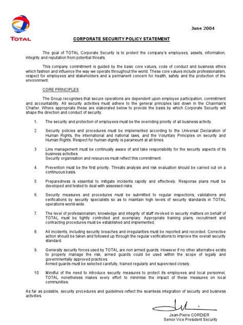 Corporate Security Policy Statement Pdf Security Employment