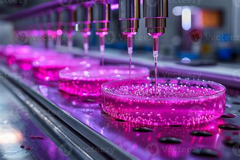 Biotechnology Lab Automated Liquid Handling System With Vibrant Pink