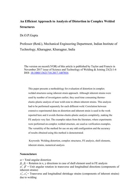 Pdf An Efficient Approach To Analysis Of Distortion In Complex Welded Structures