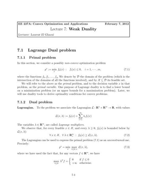 Lecture 7 Weak Duality 71 Lagrange Dual Problem