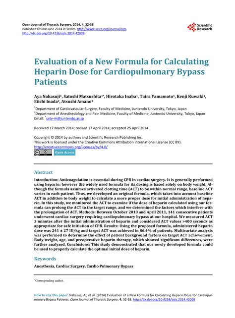 Pdf Evaluation Of A New Formula For Calculating Heparin Dose For Cardiopulmonary Bypass Patients