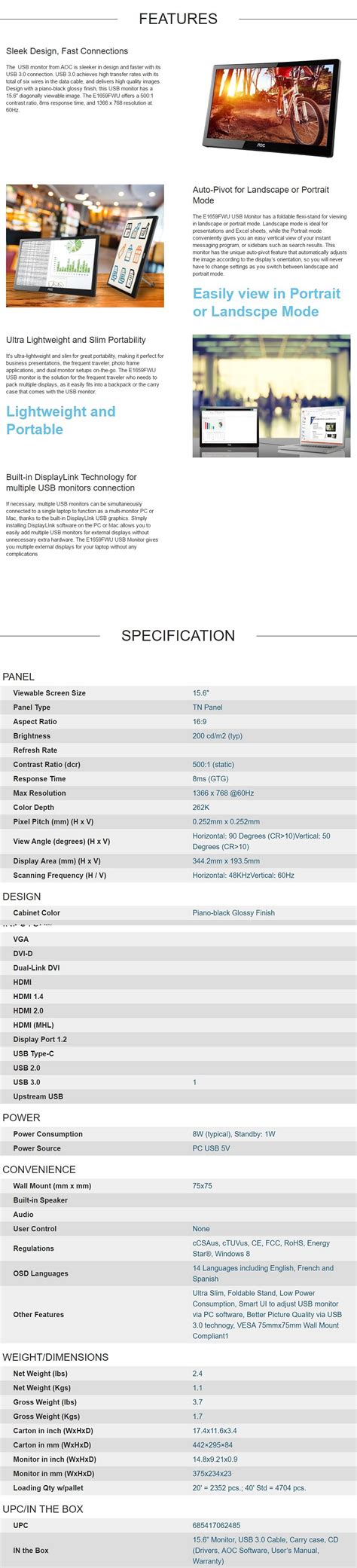 AOC E1659FWU USB 3.0 15.6" HD Portable LED Monitor