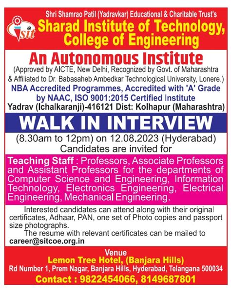 Sharad Institute Of Technology College Of Engineering Kolhapur Wanted Professor Associate