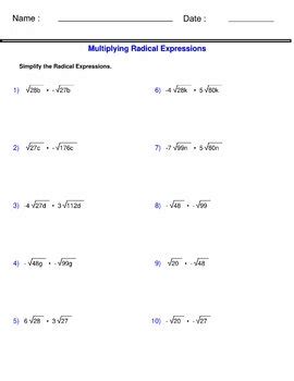 Multiplying Radical Expressions Radicals Worksheets Simplify The Radical