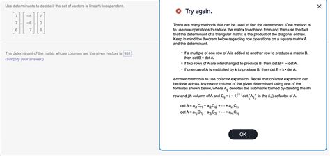 solved use determinants to decide if the set of vectors is