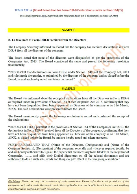 Board Resolution Form Dir 8 Declarations Under Section 164 2