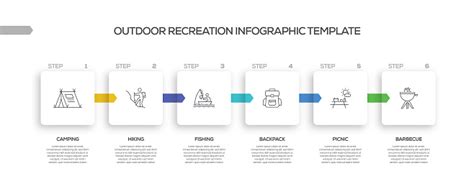 캠핑 및 야외 레크리에이션 관련 프로세스 인포 그래픽 템플릿 프로세스 타임라인 차트 선형 아이콘이 있는 워크플로 레이아웃 0명에 대한 스톡 벡터 아트 및 기타 이미지