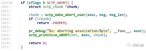 接下来，检查sflags是否为sctp Abort，根据rfc文档可知abort的用法以及abort指令的数据包格式。sctp Abort标志