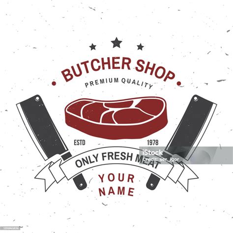 스테이크와 부엌 칼을 가진 정육점 배지 또는 라벨 스테이크 부엌 칼 실루엣 벡터 빈티지 타이포그래피 디자인 육류 가게 시장 레스토랑테마의 요소 개체 그룹에 대한 스톡 벡터