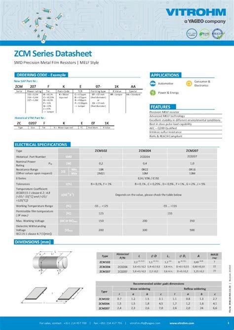 Pdf Zcm Series Datasheet Vitrohm · Color Code Marking Is Applied