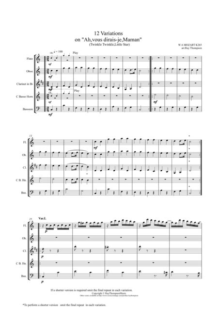 Mozart:12 Variations on "Ah, vous dirais-je, Maman”-Twinkle,Twinkle Little Star K265 - wind ...