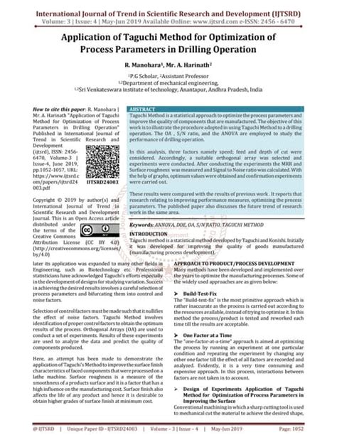 Application Of Taguchi Method For Optimization Of Process Parameters In Drilling Operation Pdf