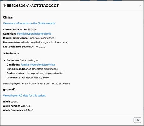 Clinvar Variant Details Available In Clinvar Variants Track Gnomad
