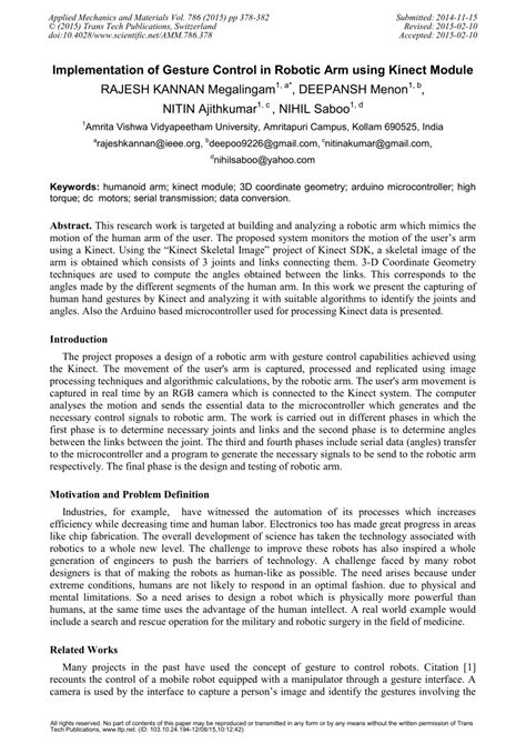 PDF Implementation Of Gesture Control In Robotic Arm Using Kinect Module