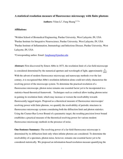 Pdf A Statistical Resolution Measure Of Fluorescence Microscopy With Finite Photons