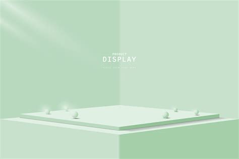 추상적인 3d 녹색 큐브 받침대 연단 또는 제품 디스플레이는 모서리 배경에 빛나는 구체 공으로 사실적으로 서 있습니다 화장품 전시를 위한 최소 벽 모서리 장면 3d 벡터