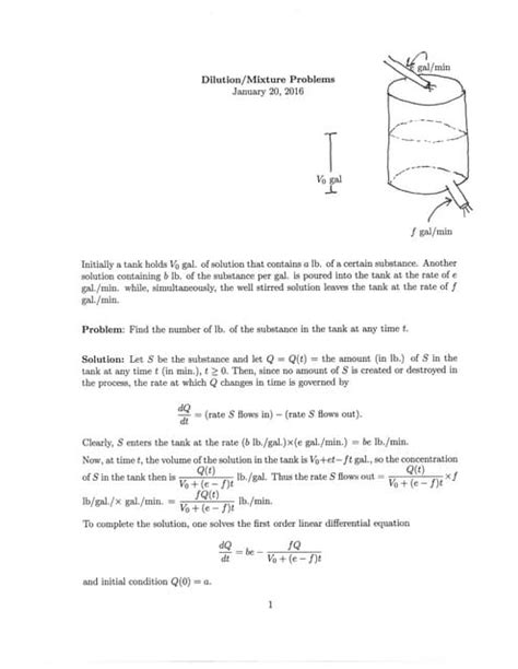Dilution Or Mixture Problem Differential Equation Pdf