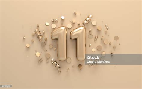 축제 색종이와 나선형 리본황금 3d 번호 11 11주년 기념 이벤트 파티를 기념하는 포스터 템플릿 3d 렌더 0명에 대한 스톡 사진 및 기타 이미지 Istock