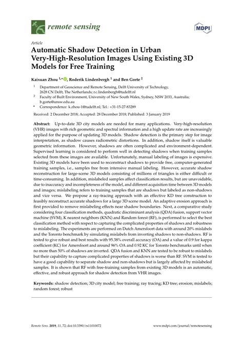 Pdf Automatic Shadow Detection In Urban Very High Resolution Images Using Existing 3d Models
