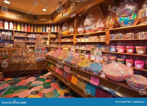 Magical Candy Shop With Shelves Of Colorful Treats Whimsical Displays