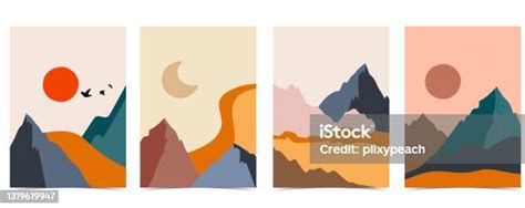 산 바다 태양 달로 설정 자연 풍경 배경의 컬렉션 웹사이트 초대 엽서 및 포스터에 대한 편집 가능한 벡터 일러스트레이션 그래픽 프린트에 대한 스톡 벡터 아트 및 기타 이미지