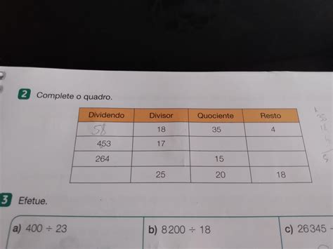 Complete O Quadro Dividendo Divisor Quociente Resto Braincp