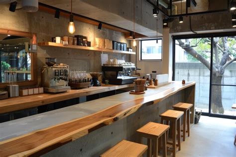 a coffee cafe in japanese style with three seperate bars with a wooden