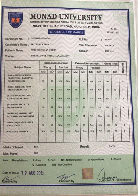 monad university — verification of marksheet 2016