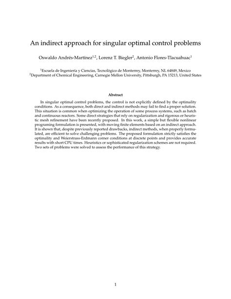 Pdf An Indirect Approach For Singular Optimal Control Problems