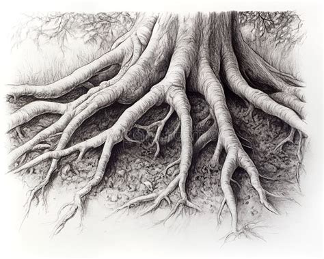Majestic Tree Roots Nature Botany Drawing Art Roots Ground Trunk Branches Sketch Pen Ink Black