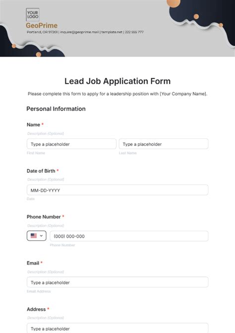 Free Lead Job Application Form Template To Edit Online