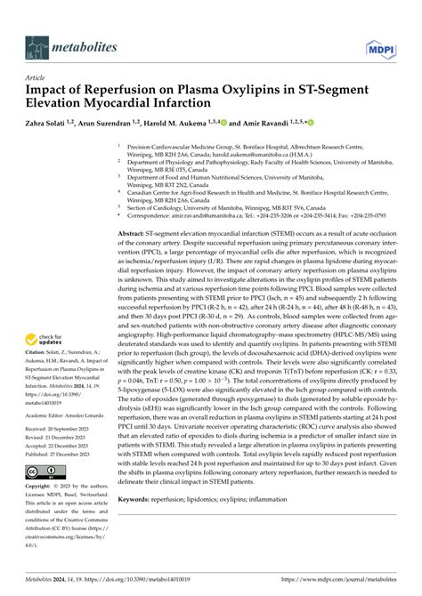 Pdf Impact Of Reperfusion On Plasma Oxylipins In St Segment Elevation Myocardial Infarction