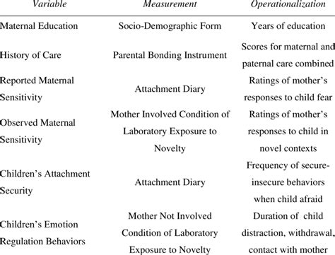 description of measurements and operationalization of variables