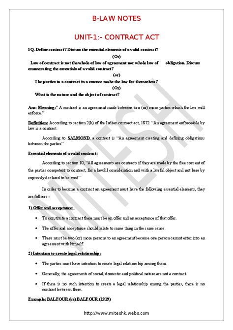 Pdf B Law Notes Unit 1 Contract Act