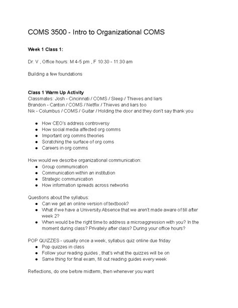 Organizational Comm 3500 Notes Coms 3500 Intro To Organizational Coms Week 1 Class 1 Dr V
