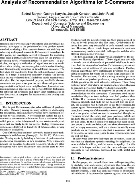 Analysis Of Recommendation Algorithms For E Commerce Proceedings Of The 2nd Acm Conference On