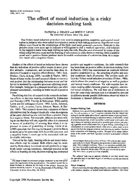 Pdf The Effect Of Mood Induction In A Risky Decision Making Task