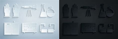 심장 테스트 튜브 및 플라스크 화학 실험실 오픈 사이언스 북 안경 망원경 및 고무 장갑 아이콘으로 컴퓨터 모니터를 설정합니다 벡터 3차원 형태에 대한 스톡 벡터 아트 및