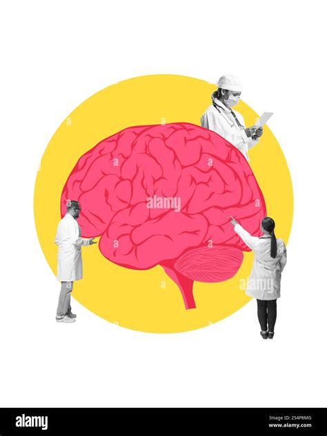Group Of Doctors Analyzing Brain Illustration Representing Medical Research And Diagnosis Of