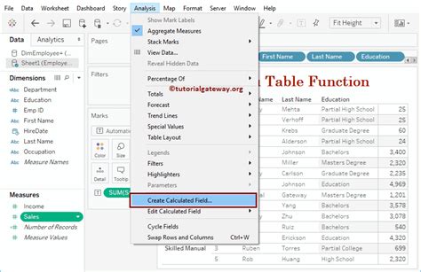 Tableau Table Functions