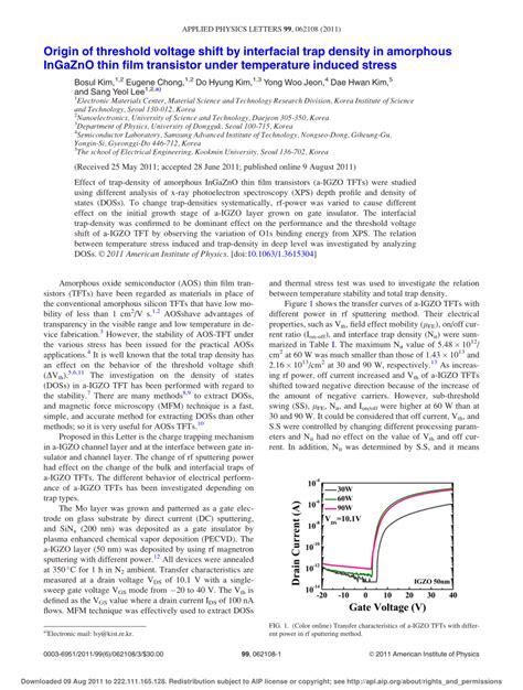 Pdf Origin Of Threshold Voltage Shift By Interfacial Trap Density In Amorphous Ingazno Thin