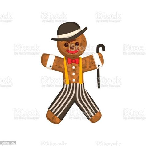 진저 브레드 남자 신사 흰색 배경에 재미 있는 얼굴 벡터 일러스트와 함께 크리스마스 문자 처럼 보이는 갈색에 대한 스톡 벡터