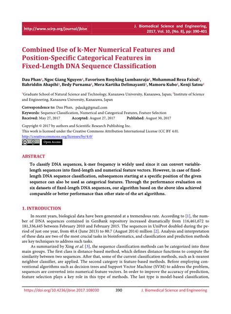 Pdf Combined Use Of K Mer Numerical Features And Position Specific