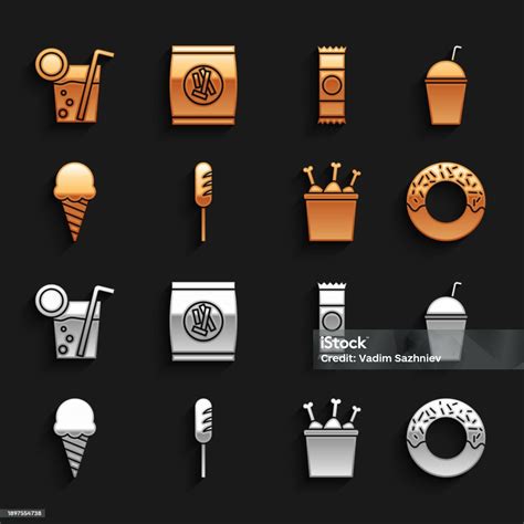 세트 튀긴 소시지 밀크 쉐이크 도넛 패키지 상자에 닭 다리 아이스크림 와플 콘 초콜릿 바 칵테일 및 하드 빵 척 크래커 아이콘 벡터 검은색에 대한 스톡 벡터 아트 및 기타