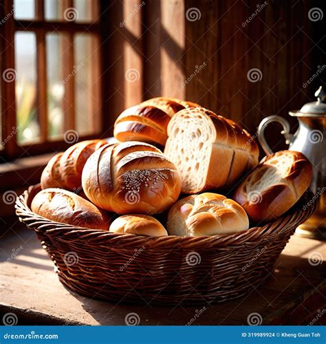 Bread Basket Assorted Selection Of Baked Buns Breads Food Stock